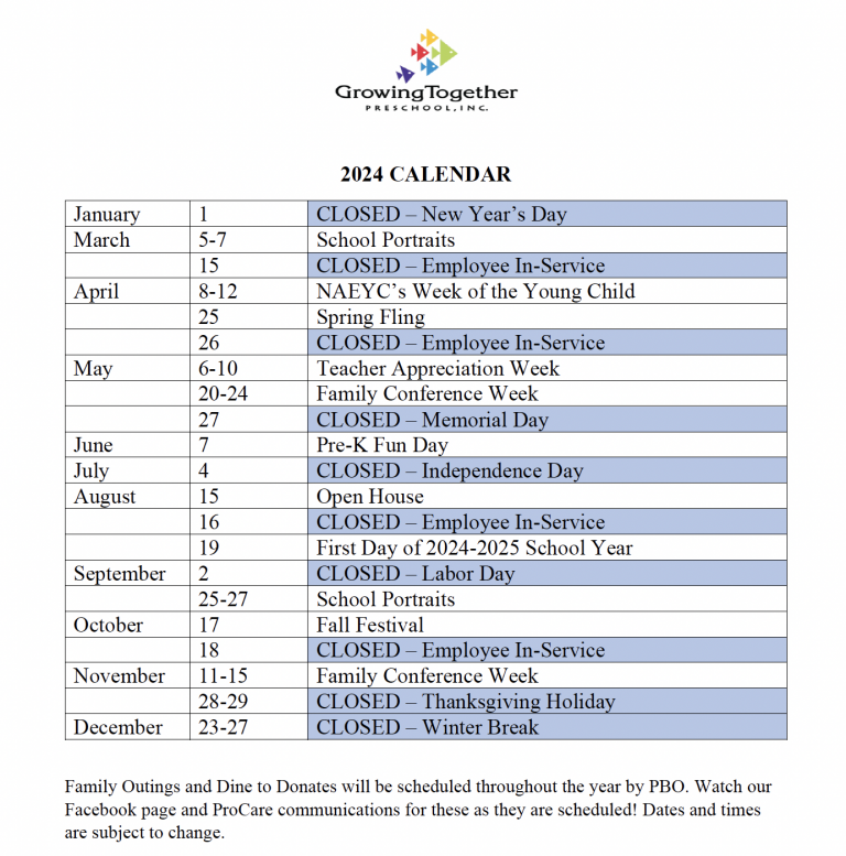 Calendar - Growing Together Preschool & Daycare - Lexington, KY